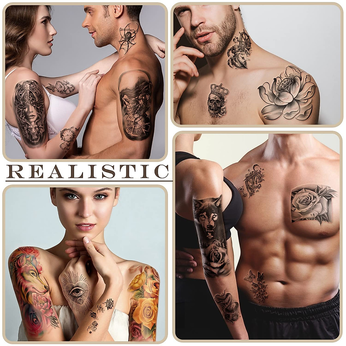 Yazhiji 77sheets Waterproof Temporary Tattoo for Girls or Boys Kids 17sheets Larger Half Arm Wolf Tiger Lion Fake Tattoos for Men or Women And 60 sheets Tiny Flower Snake Rose Sunflower Tattoo Sticker