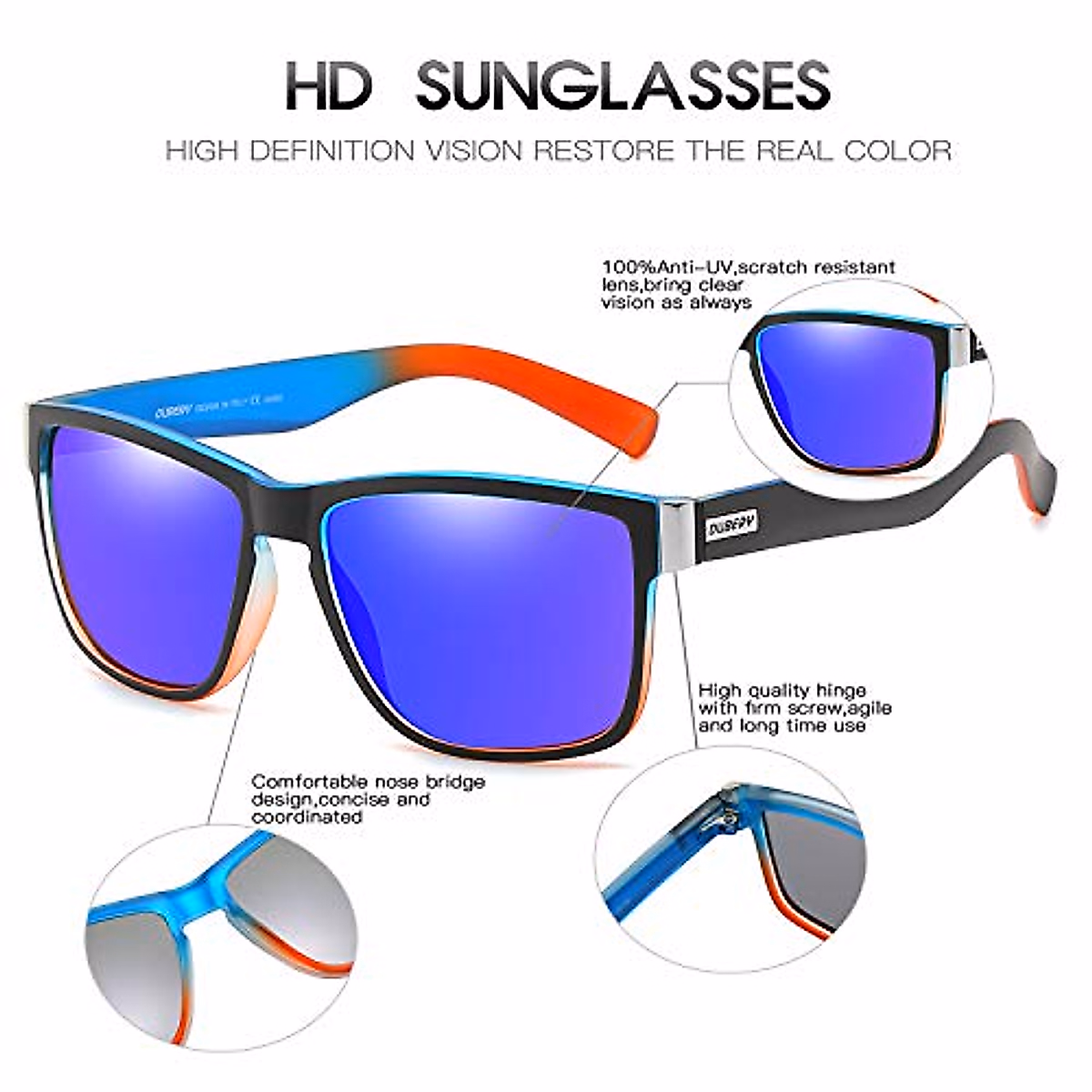 DUBERY Vintage Polarized Sunglasses for Men Women Retro Square Sun Glasses D518 (Blue&Orange/Mazarine)