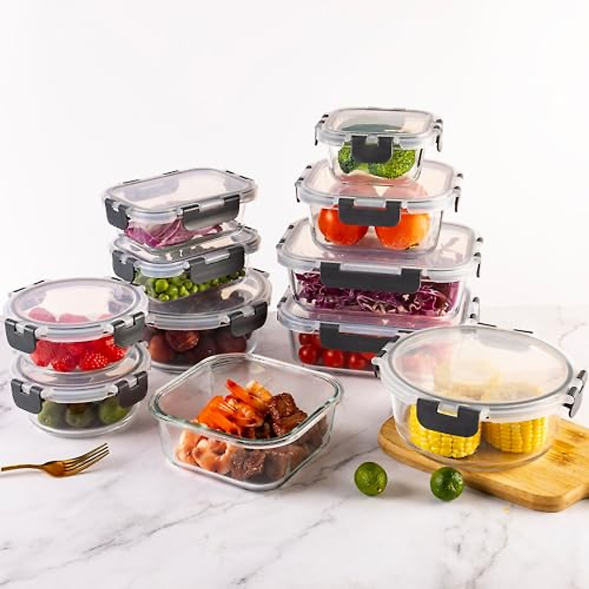 YARYOUNG 12 Pack Glass Food Storage Containers with Lids, Glass Meal Prep Containers, Airtight Glass Lunch Bento Boxes, BPA Free & Leak Proof