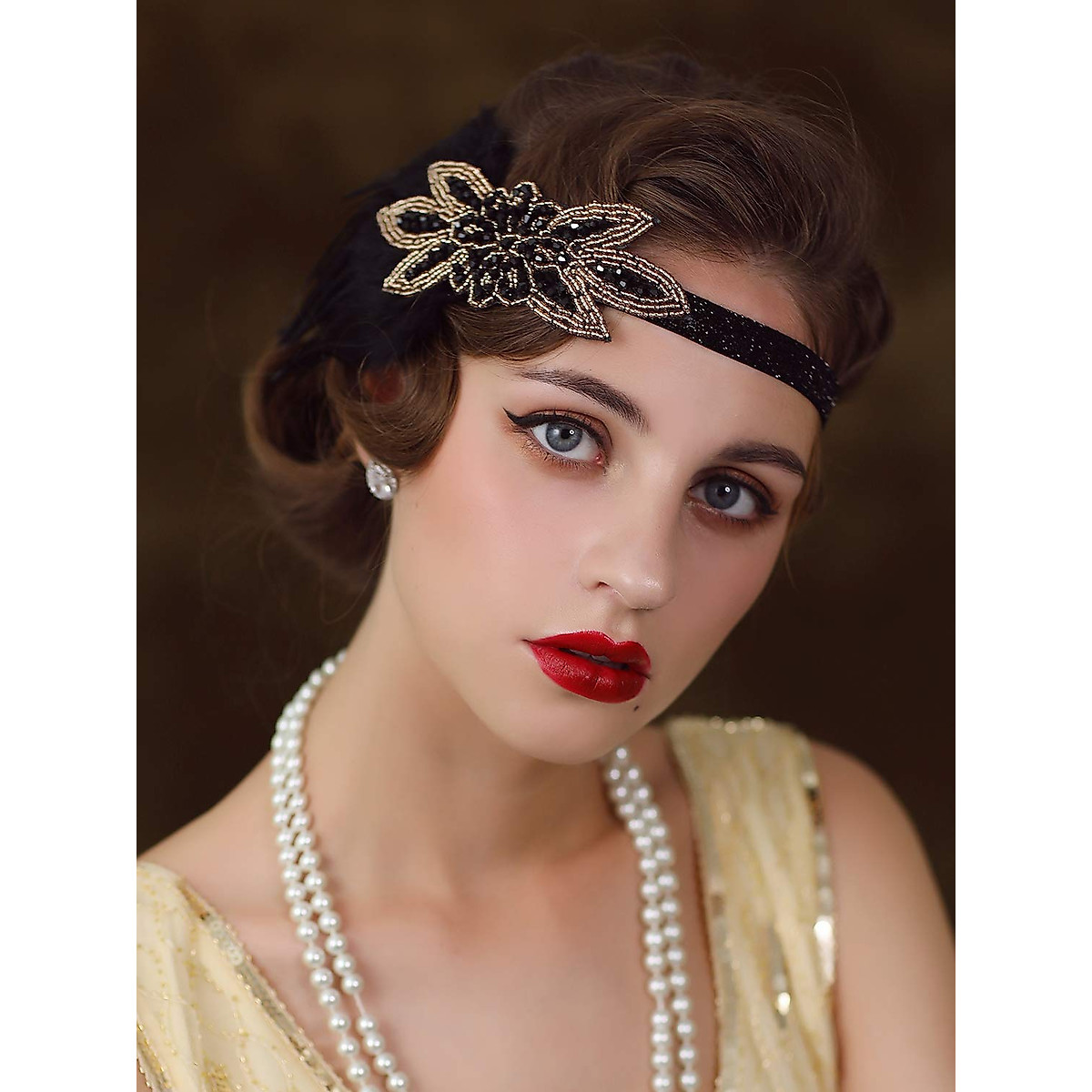 SWEETV 1920s Flapper Feather Headband, 20s Sequined Showgirl Headpiece, Gatsby Hair Accessories for Women (Black)