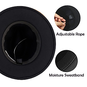 HUDANHUWEI Women's Wide Brim Fedora Panama Hat with Metal Belt Buckle Black