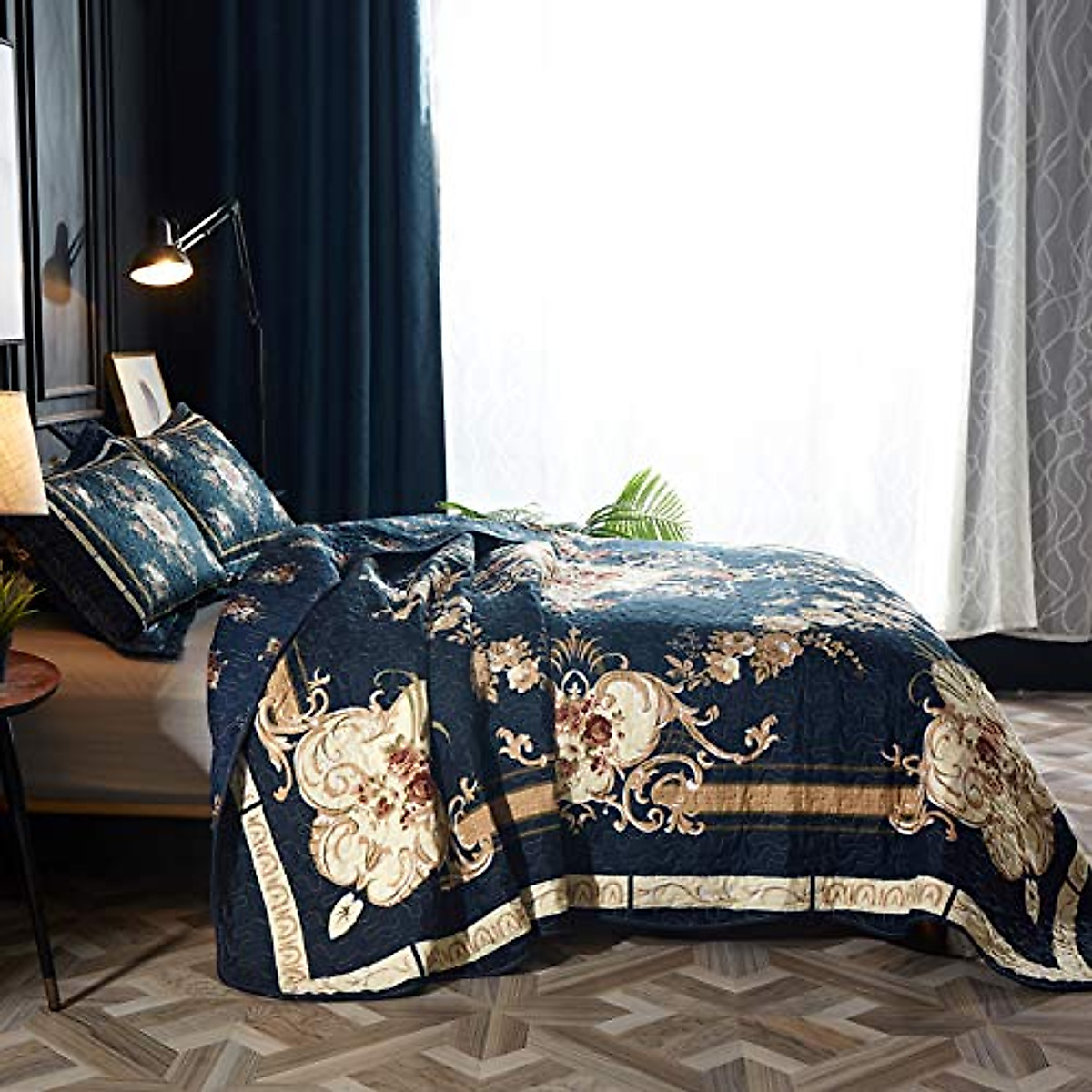 LAMEJOR Quilt Set Queen Size Retro Floral Pattern Medallion Style 3-Piece Reversible Luxury Soft Comforter Set Bedspread Coverlet Set Microfiber Dark Blue