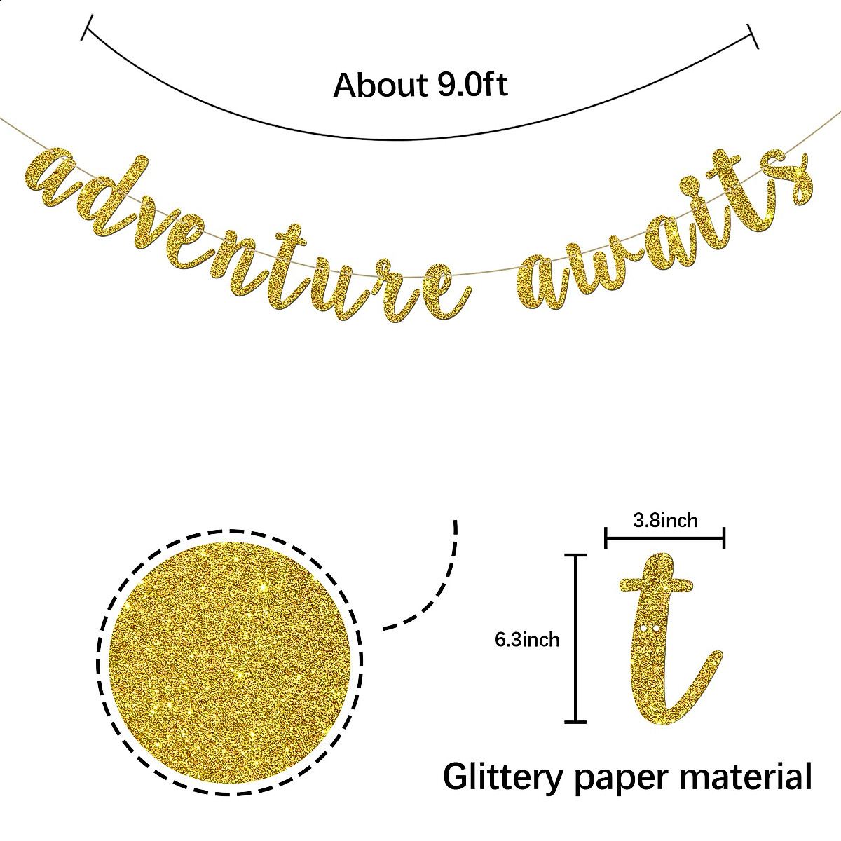 Adventure Awaits Banner, Wedding Engagement Party Bunting Decor, Congrats Grad, Birthday Retirement Sign Graduation Party Decorations Gold Glitter