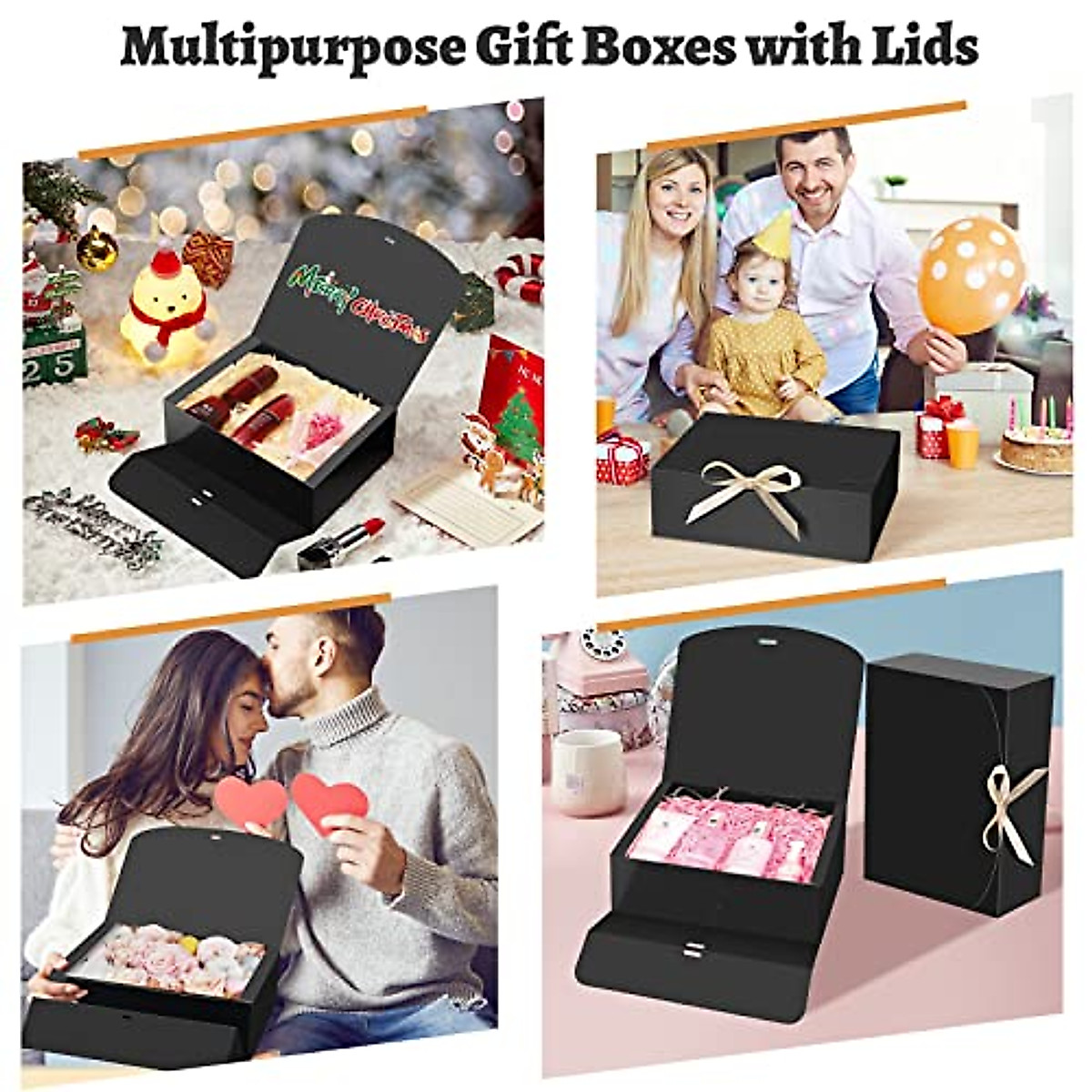 ZSPENG 12PCs Gift Boxes with Lids,12x9x4 inches Black Gift Boxes with Ribbons, Bridesmaid Proposal Box,Kraft Paper Gift Box for Wedding, Packaging, Present, Birthday, Cupcake Boxes, Crafting.