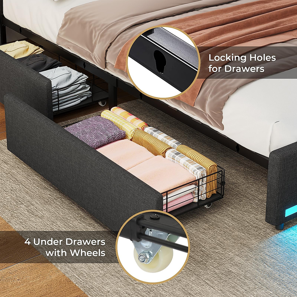 HAUOMS Queen Bed Frame with Stoarge Drawers and LED Lights, Upholstered Platform Bed with Type-C & USB Charging Station, LED Bed Frame Queen with Storage Headboard, No Box Spring Needed, Dark Grey