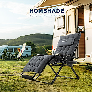 HOMSHADE Folding Zero Gravity Lounge Chair - 33In Outdoor Patio Reclining Chair with Cushion, Headrest, Cup Holder, Footrest, Weight Capacity 400LB, Grey