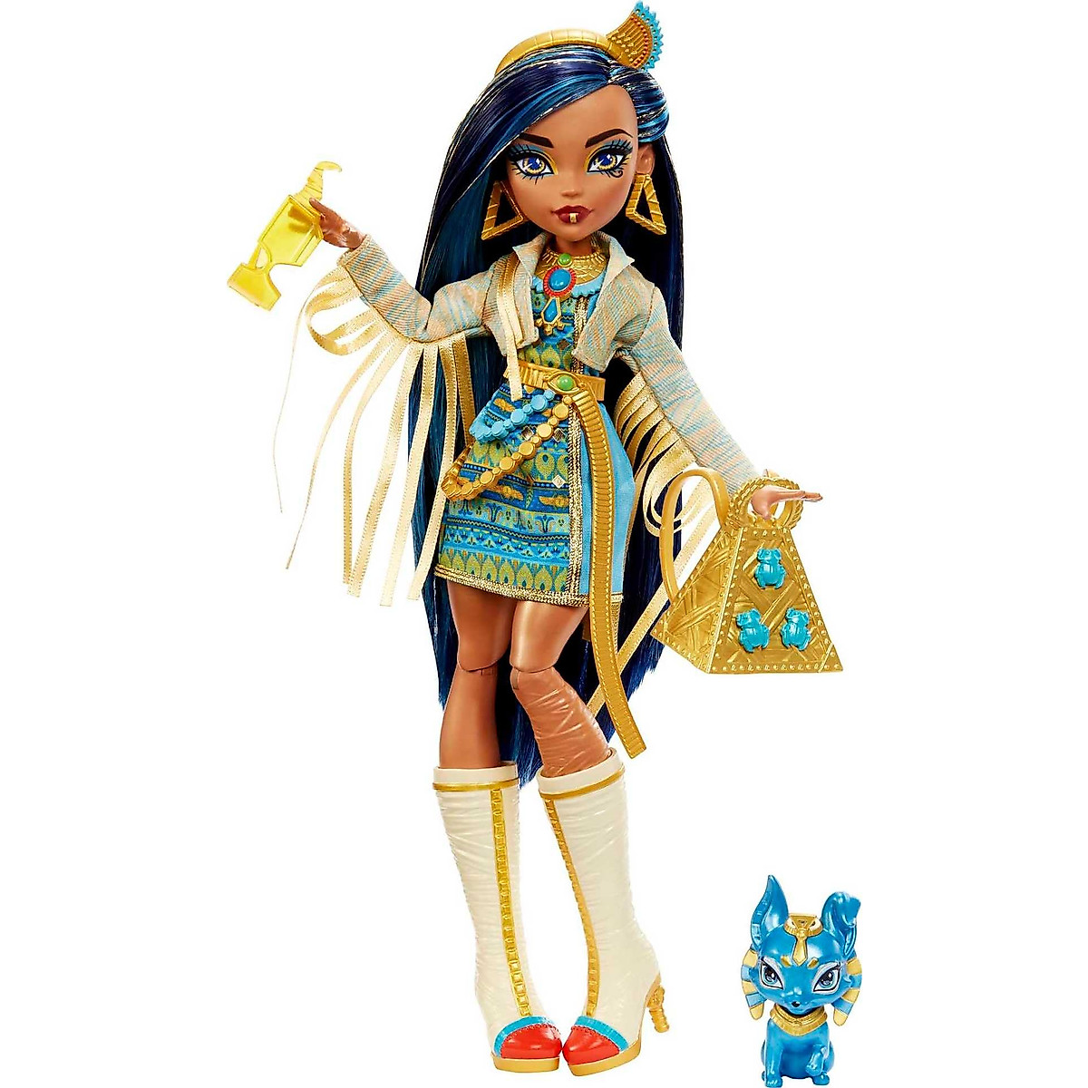 Monster High Doll, Cleo De Nile with Blue Streaked Hair in Signature Look with Fashion Accessories & Pet Dog Tut