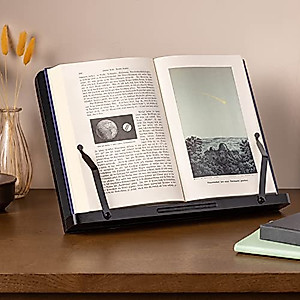 Navaris Bamboo Book Stand - Hands-Free Reading Recipe Cookbook Tablet Holder with 2 Adjustable Metal Page Holders with Grips - Bamboo Easel - Black