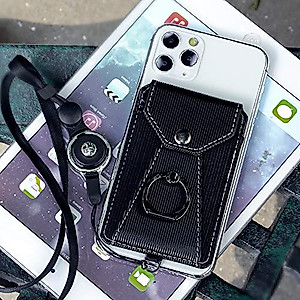 YUNCE Cell Phone Card Holder,Card Holder for Back of Cell Phone with Ring Grip Stand,Adhesive Stick-on Credit Card Wallet Pocket with Detachable Neck Strap Black