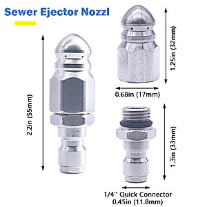 Sewer Jetter Nozzle, High Pressure Drain Jetter Hose Nozzle, With Stainless Steel 1/4'' Quickly Connector, 5000 PSI