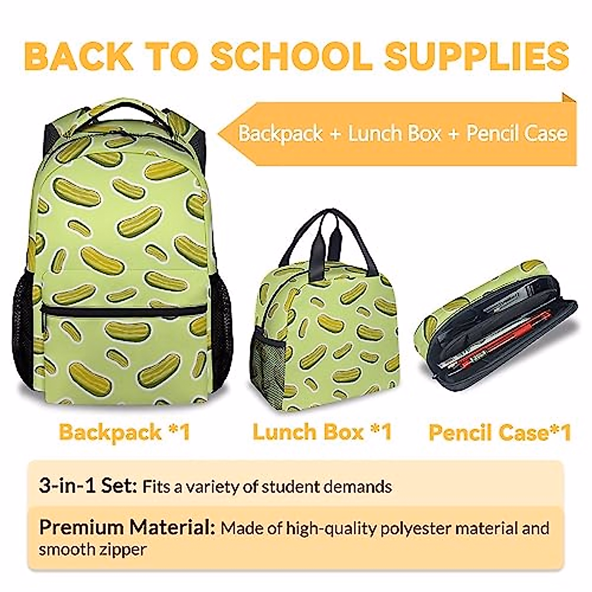 Mercuryelf Pickles Girls Boys Backpack with Lunch Box Set, 3 in 1 School Travel Backpacks Matching Combo, Aesthetic Green Bookbag and Pencil Case Bundle