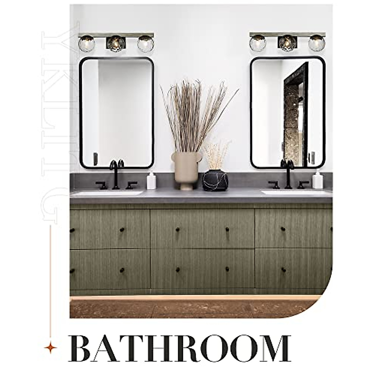 YKLITG Farmhouse Vanity Lights, Rustic Bathroom Lights with Hammered Glass Shade, 3-Light Bathroom Vanity Light with Wood Base for Bathroom, BD019-3-BK