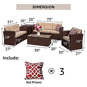 Super Patio 8 Pieces Patio Furniture Set, Outdoor Sectional Sofa, PE Wicker Patio Conversation Sets with Storage Box, Coffee Table, Three Red Pillows, Brown
