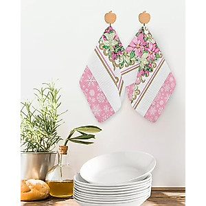 Hokiten Pink Poinsettia Christmas Waffle Kitchen Towels Dishcloths, Xmas Berry Botanical Winter Snowflake Absorbent Dish Towels | Hand Towels for Bathroom/Bar, 12 x 12 Inch, 2 Pcs