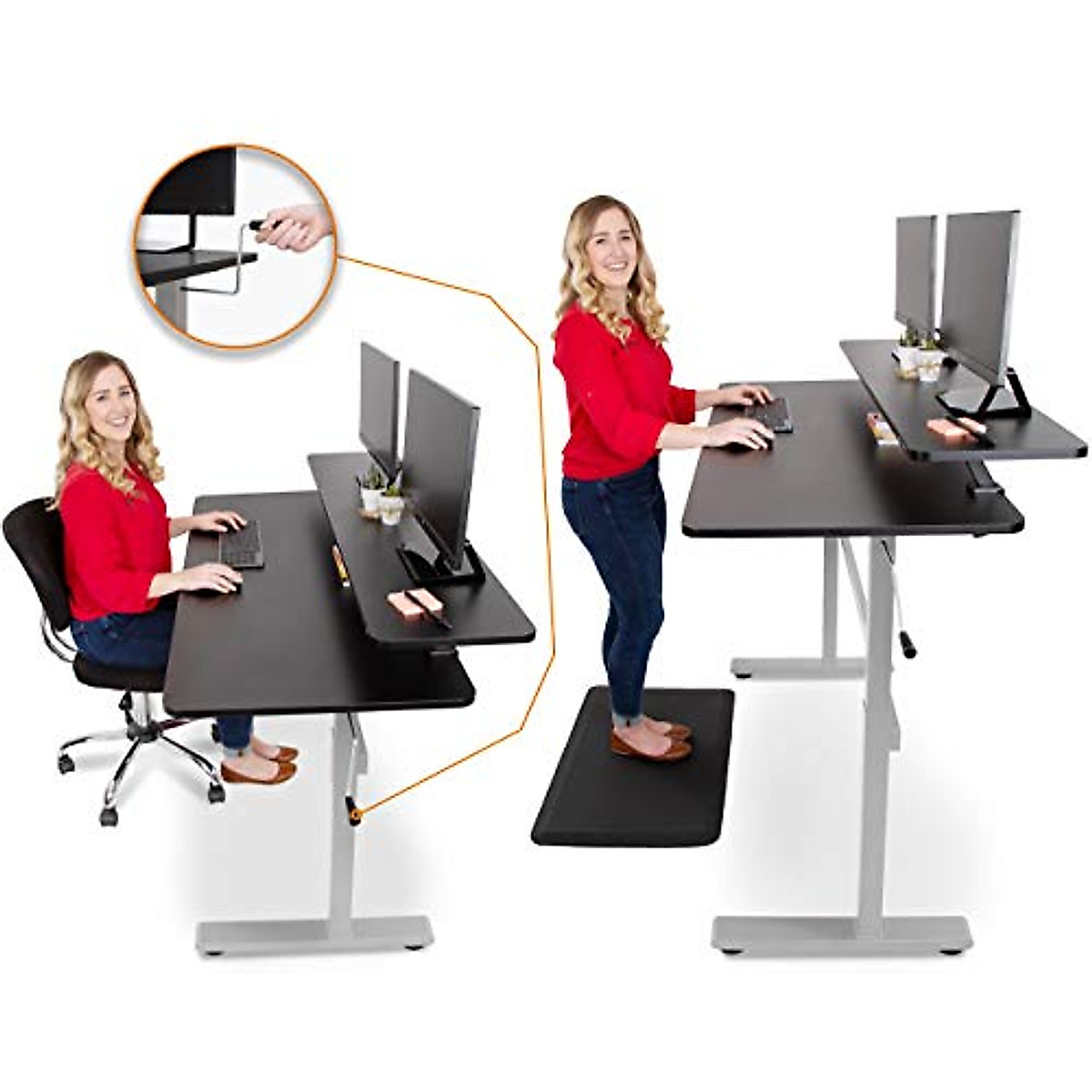 Stand Steady Tranzendesk 55 in Standing Desk with Clamp On Shelf | Easy Crank Height Adjustable Stand Up Workstation w/Attachable Monitor Riser | Holds 3 Monitors & Adds Desk Space (55/Silver Base)