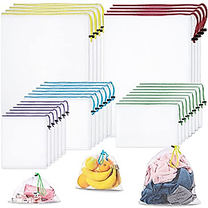 28 Pieces Reusable Mesh Produce Bags Toy Storage Organization Mesh Bags Multiple Sizes Mesh Drawstring Bag Washable Reusable Vegetable Bags Toy Storage Bags for Toys Fruits Vegetable (Bright Colors)