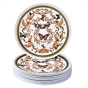 White and Gold Plastic Dessert Plates for Party (10 PC) Heavy Duty Disposable Dinner Set 7.5", Fine China Look Dishes for Baby Showers, Birthdays, Weddings, Holidays & Events - Versi Collection