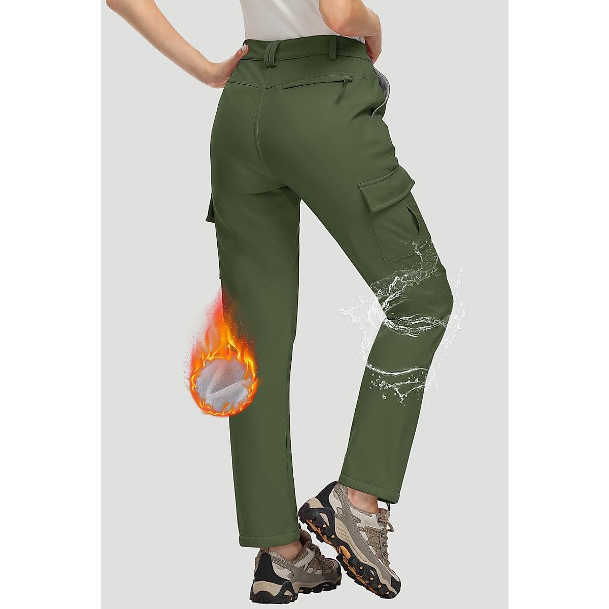 MAGCOMSEN Womens Fleece Lined Pants Winter Hiking Softshell Pants Army Green Waterproof Insulated Snow Ski Pants Cold Weather, L