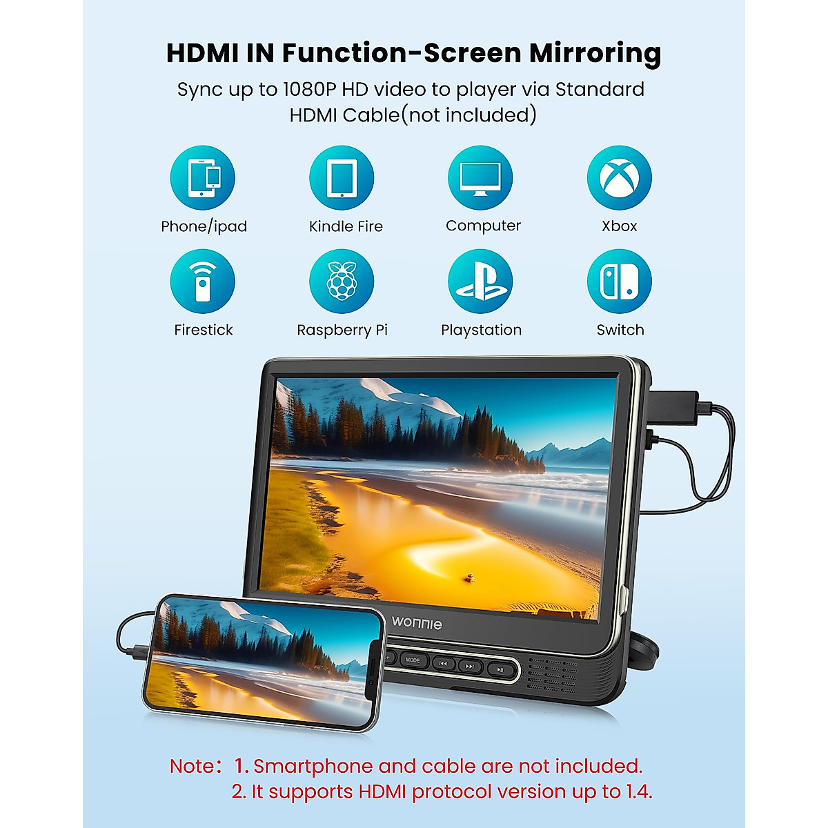 WONNIE 12" Headrest DVD Player Portable for Car, Support 1080P/MP4 Video with HDMI Input/Output, Mounting Bracket, AC Adapter, Car Charger, AV Out, USB Card Reader, Last Memory