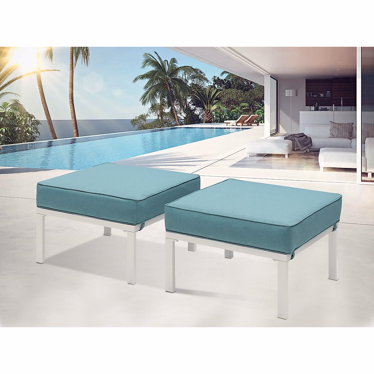 Green4ever 2 Pieces Patio Furniture Outdoor Ottomans, All-Weather Aluminum Outdoor Footstool Footrest Small Seat with Cushions for Garden Yard Deck Poolside, White