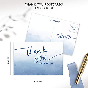 Baby Shower Invitations Set for Boys - 25 Blank Fill-in Invites with Envelopes, Books for Baby, Diaper Raffle, and Thank You Cards - Blue Watercolor