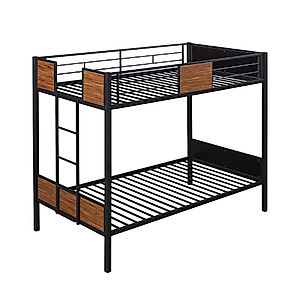 Twin over Twin Metal Bunk Bed, Modern Style Heavy-Duty Steel Frame Bunk Bed with Safety Rail, Built-in Ladder for Bedroom, Dorm, Boys, Girls, Adults (Black + Brown)