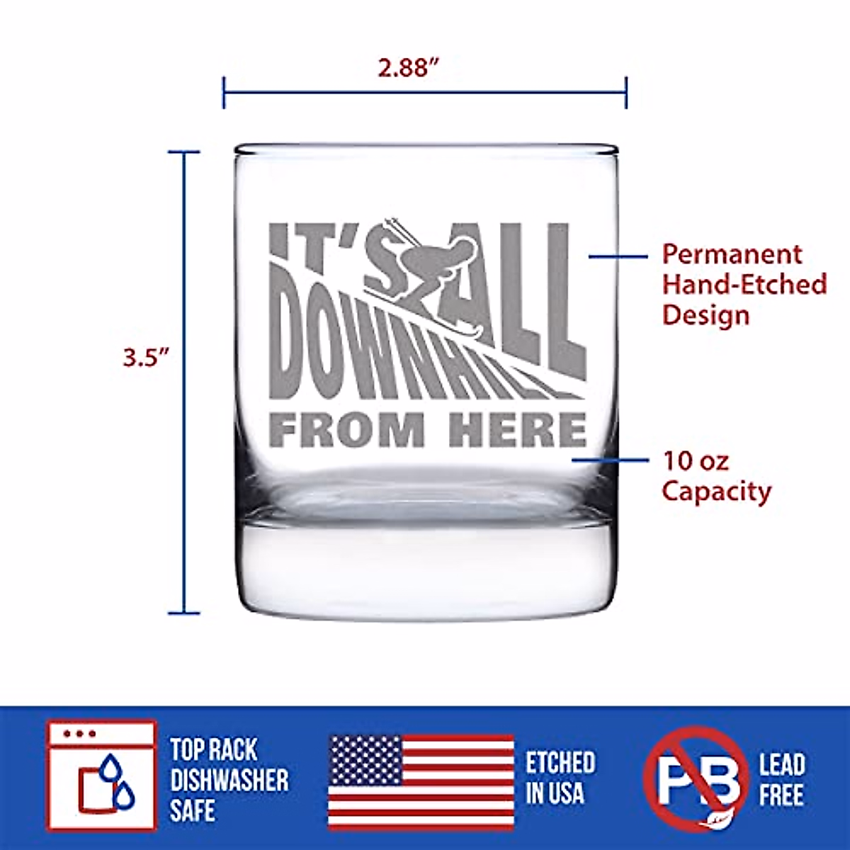 It's All Downhill From Here - Whiskey Rocks Glass - Unique Skiing Themed Decor and Gifts for Mountain Lovers - 10.25 Oz Glasses