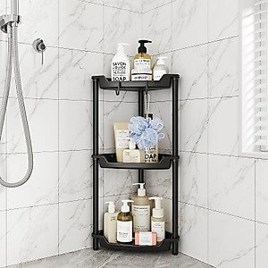 ELYKEN Corner Shower Caddy, 3 Tier Rustproof Floor Standing Shower Organizer, Plastic Metal Splicing Floor Shower Corner Shelf Rack Storage Stands Adjustable Feet & 2 Hooks for Bathroom, Black