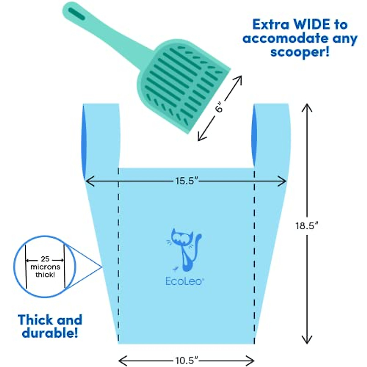 Cat Litter Waste Poop Bags - X-Large, Compostable, Plastic-free, Thick, Leak Proof, Pet/Dog Poo Bags with Easy-Tie Handles,10.5 x 18.5 inch, White, EcoLeo