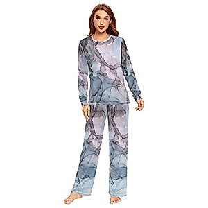 Poeticcity Mixing Acrylic Paints Modern Fluid Alcohol Ink Art Marble Stone Men's Women's Pajama Set, 2PCs Sleepwear Top & Bottom PJ Set, Loose Lounge Long Tops Pants Nightwear for Men Women XXS