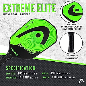 HEAD Extreme Elite Fiberglass Paddle with Honeycomb Polymer Core & Comfort Grip, Green/Black, One Size
