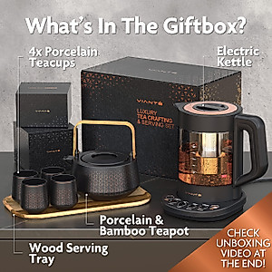 Vianté Luxury Tea Party Set. Complete with Automatic Tea Maker with Infuser for loose tea bags. Ceramic serving set. Tea pot/cup set and wooden tray. Excellent gift for tea lovers.