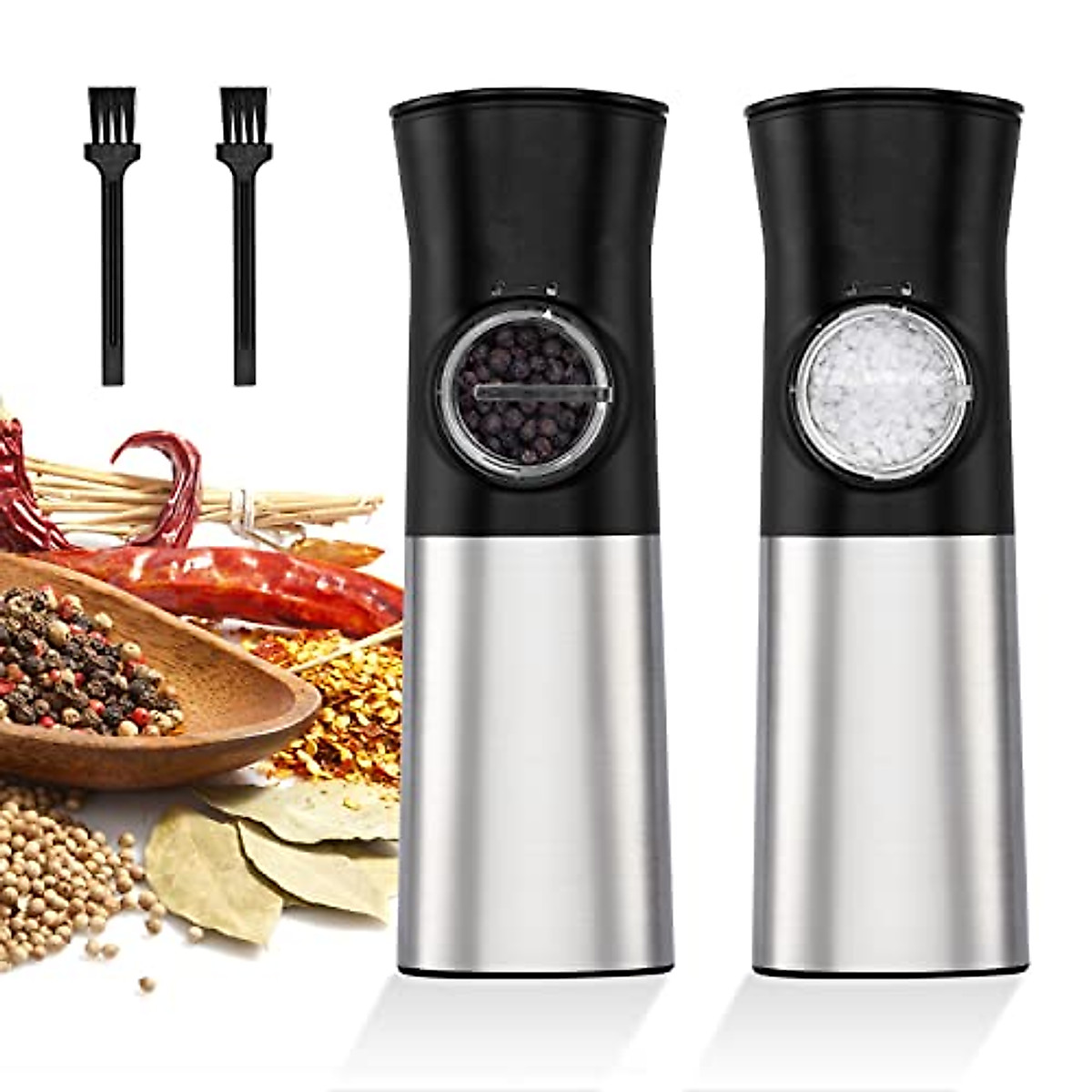 Qoosea Gravity Salt and Pepper Grinder Set, 2 Pack Electric Pepper Grinder Set with LED Light, Stainless Steel Automatic Pepper Grinder Mill Battery Powered, Adjustable Coarseness, One Hand Operated