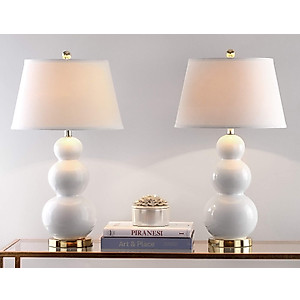 SAFAVIEH Lighting Collection Pamela Modern Contemporary White Triple Gourd Ceramic 27-inch Bedroom Living Room Home Office Desk Nightstand Table Lamp Set of 2 (LED Bulbs Included)
