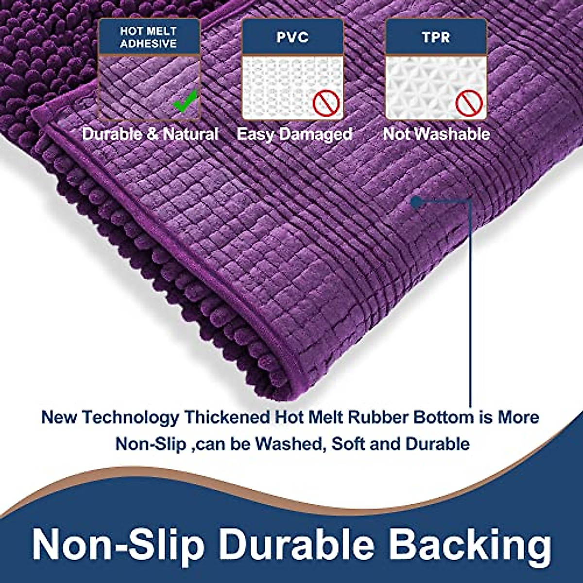 FLOLEOPA Non Slip Thick Shaggy Chenille Plum Bathroom Rug Sets 2 Piece, Thickened Hot Melt Rubber Bottom Bath Mats for Bathroom, Bath Rugs Quick Dry Machine Washable for Shower Mat