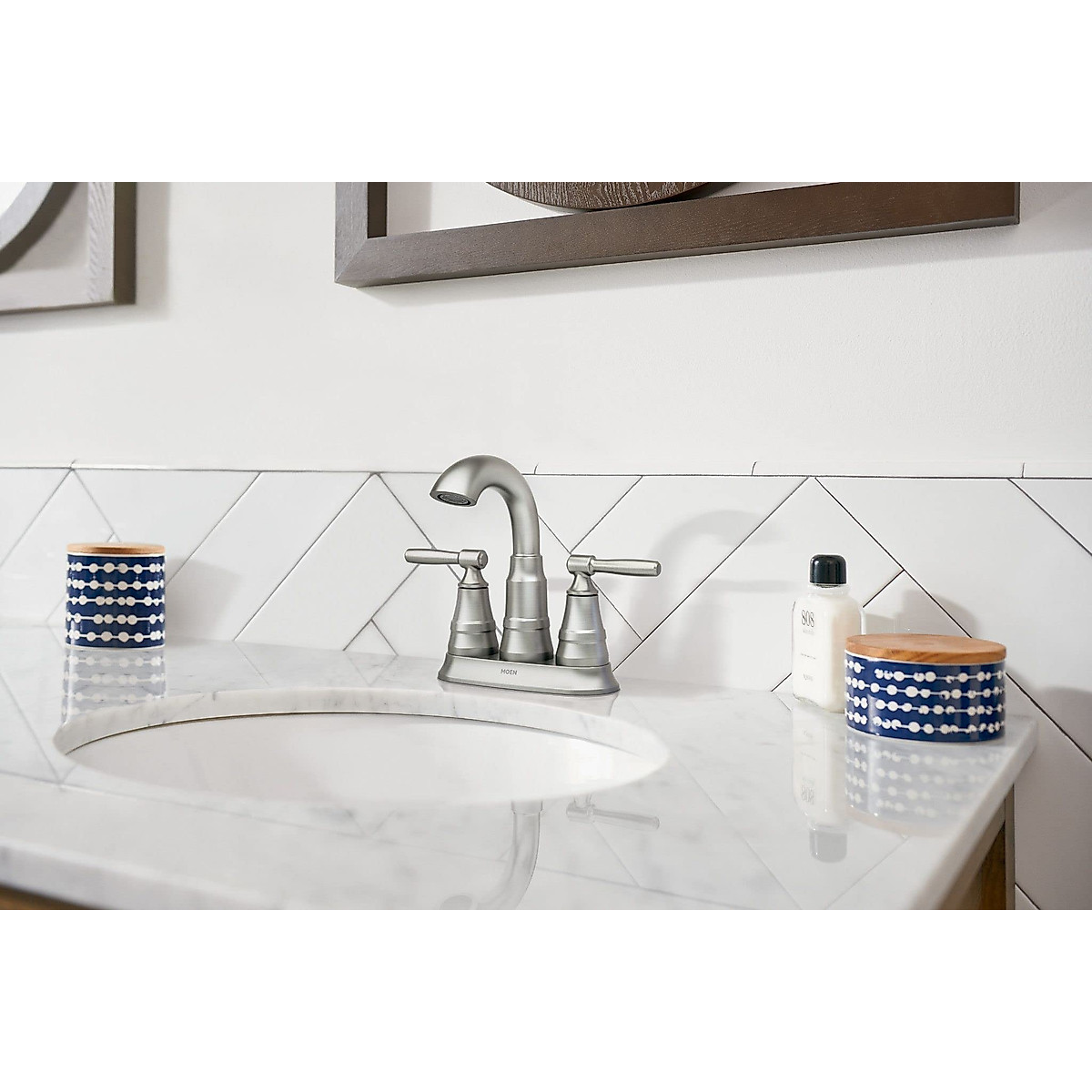 Moen Halle Spot Resist Brushed Nickel Two-Handle Centerset Bathroom Sink Faucet with Drain Assembly, 84971SRN