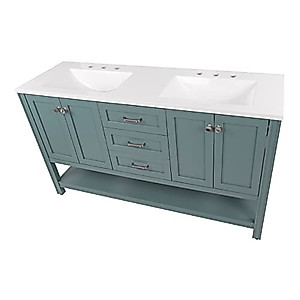 Spring Mill Cabinets Eaton Double Bathroom Vanity with 2 Cabinets, 3 Drawers, Open Shelf, Sink, 60.25" W x 18.75" D x 35.41" H, Sage/White Top