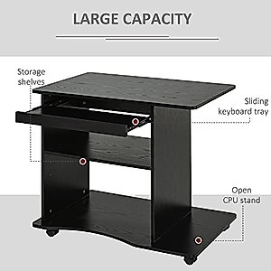 HOMCOM Computer Desk Cart, Mobile Small Office Workstation with Slide-Out Keyboard Tray, Adjustable Shelf, & CPU Stand, Black