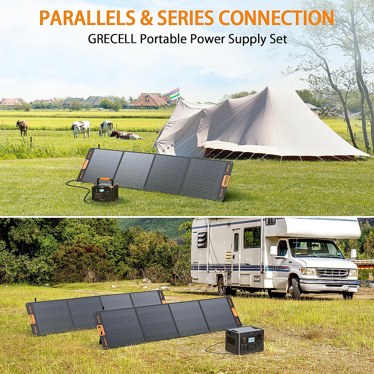 GRECELL Portable Power Station 2400W with 2*200W Foldable Solar Panel, 1843Wh LiFePO4 Solar Generator with 2 PD100W, 4 2400W AC Outlets, UPS Backup Battery for Home Emergency CPAP Outdoor Camping RV
