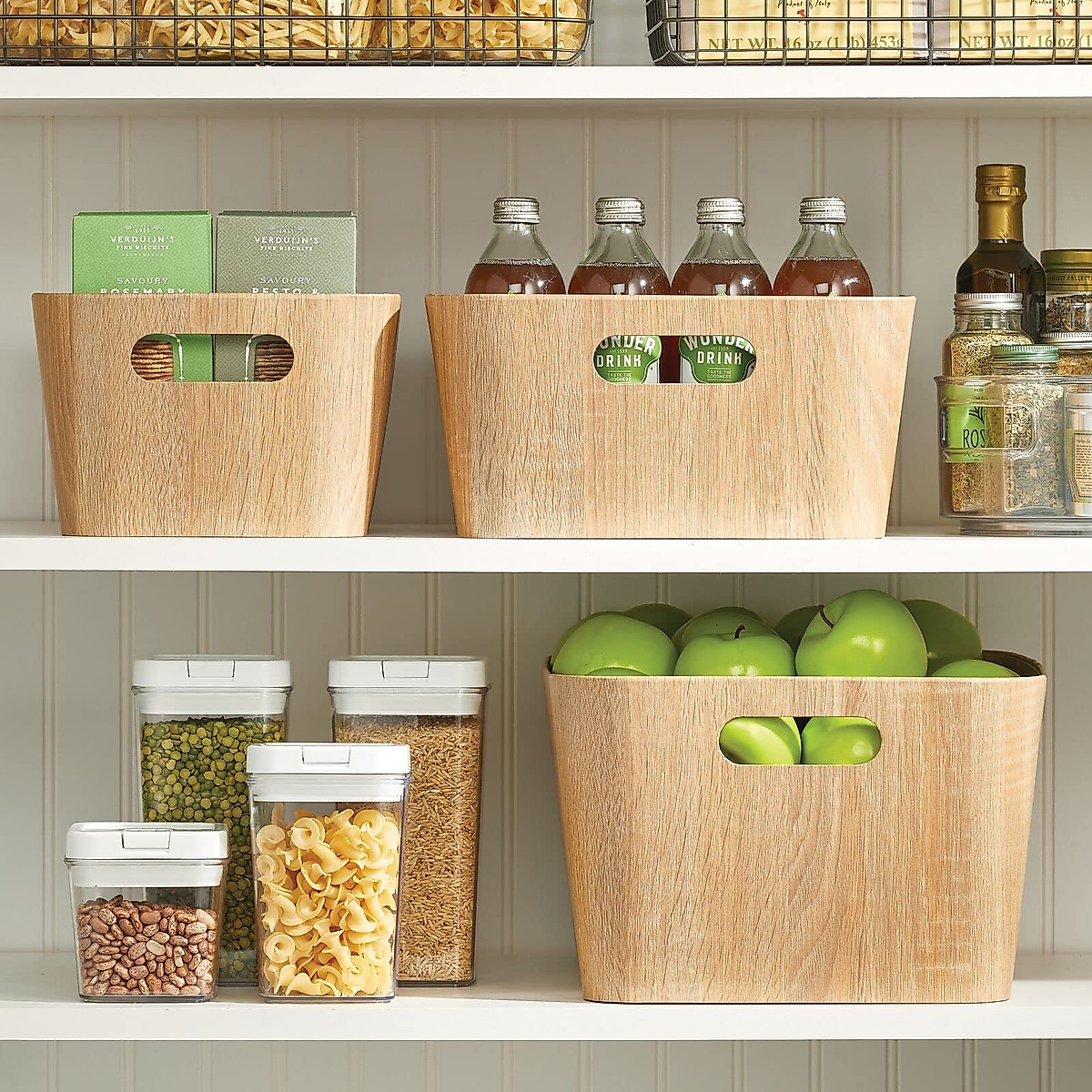 mDesign Wood Print Food Bin Box with Handles - Rustic Basket for Kitchen and Pantry Vegetable and Potato Storage - Perfect for Garlic, Onions, Fruit, and More - 12" Long - 4 Pack - Natural