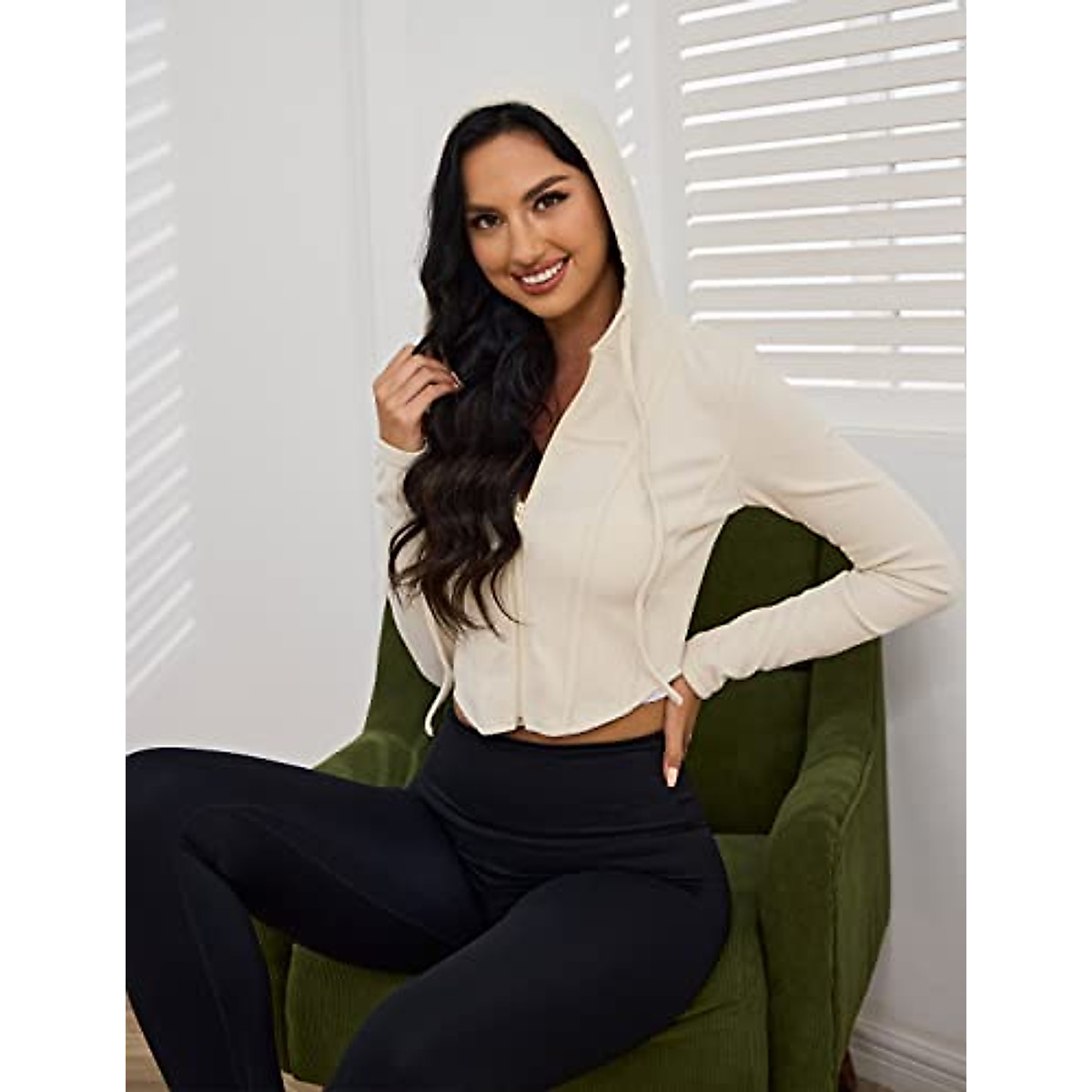 Xishiloft Women's Crop Top Hoodie Jacket Y2k Slim Fit Knitted Long Sleeve Bustier Sweatshirt Cardigans(Off-White,XS)