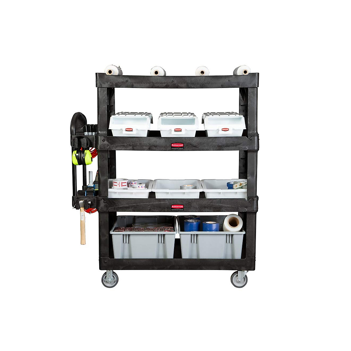 New Rubbermaid Commercial Products 4-Shelf Utility/Service Quad Cart, Heavy Duty Large, Lipped Shelf, Ergonomic Handle, 700 lbs. Capacity, for Warehouse/Garage/Cleaning/Manufacturing (2128657) Black