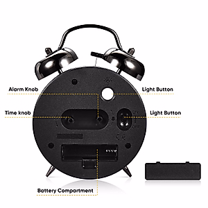 Luminous dial Twin Bell Super Loud Alarm Clock for Heavy Sleepers Adults, Backlight, Battery Operated Old Fashioned Metal 4 Inches Clock for Bedrooms (Luminous dial)