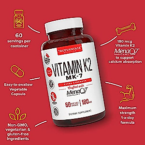 Vitamin k2 MK-7 Supplement 180mcg -Vitamin K2 Supports Bone & Heart Health for Cardiovascular Calcium Absorption from Arteries- 60 Easy to Swallow Vegetable caps of MenaQ7 K2 MK7