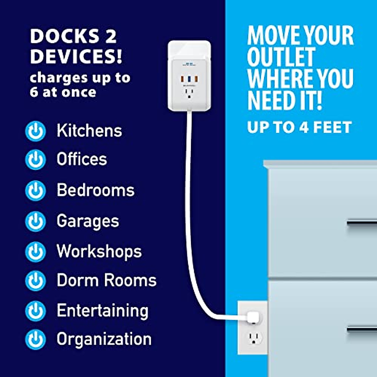 Bell + Howell Power Pro Outlet Extender, Wall Outlet Plug Extender, 4 Foot Extension Cord Surge Protector, 6 Total Ports 3 Plugs & 3 USB Charging Ports, 3 Prong Outlet Splitter, Multi Outlet Wall Plug