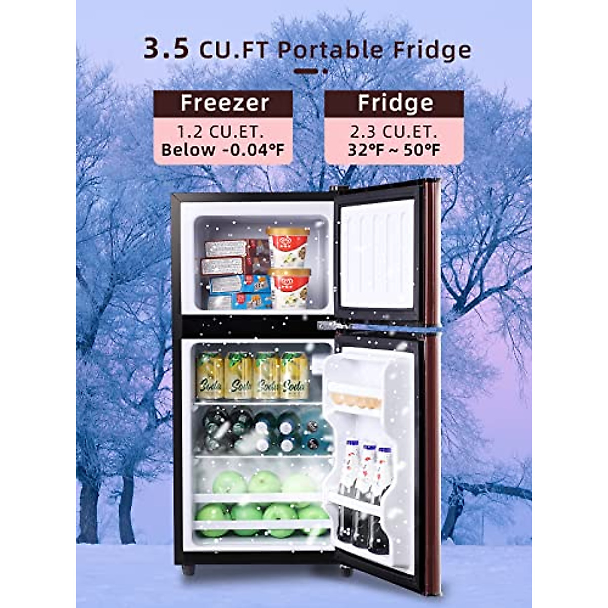 KRIB BLING 3.5 Cu.ft Retro Mini Fridge with Freezer - Compact Refrigerator for Home, Office, Dorm, or RV with Adjustable Mechanical Thermostat and 2-Door Design, Wood