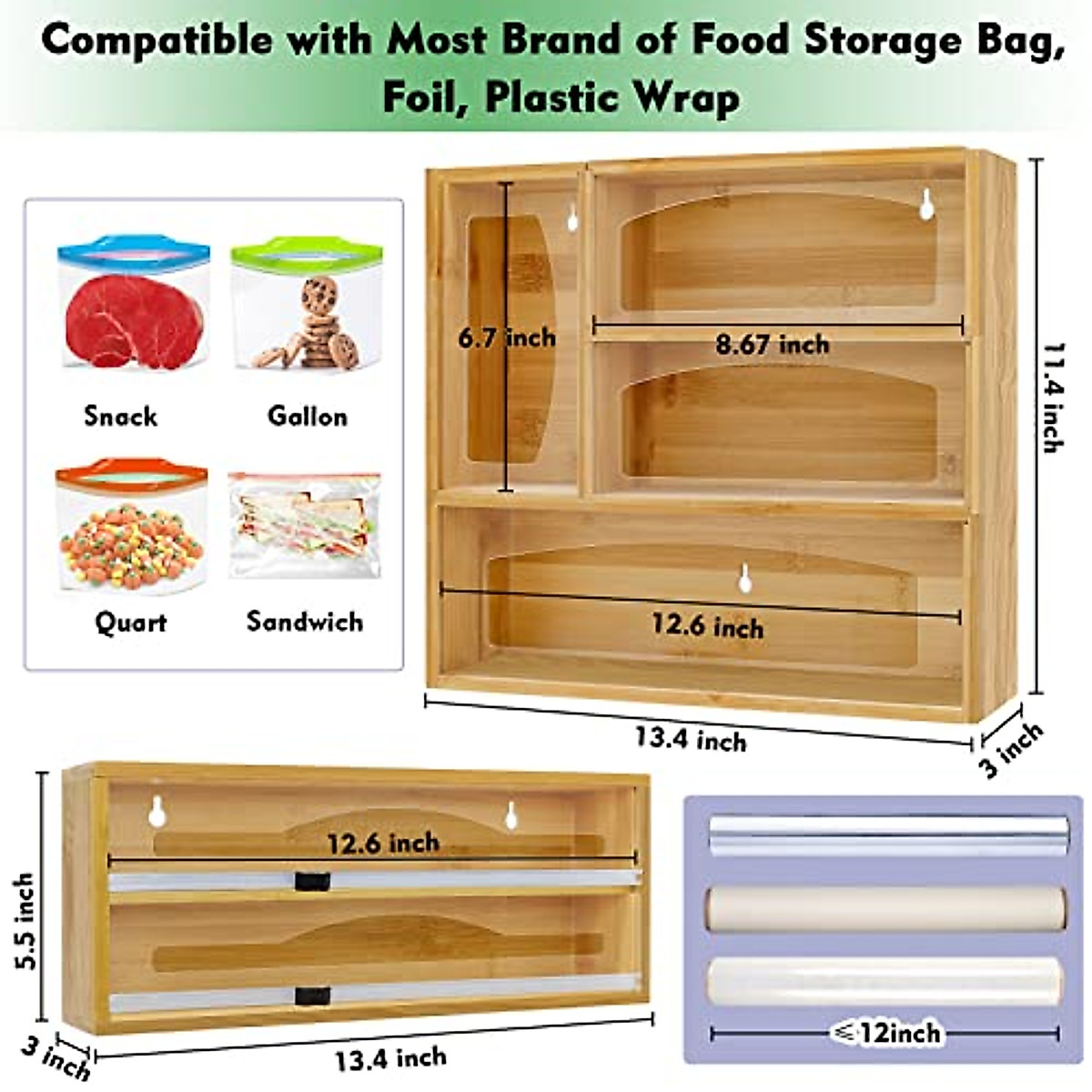 6 in 1 Ziplock Bag Organizer, Separate Bamboo Plastic Bag Organizer, Foil Dispenser with Cutter, with Acrylic Lid, Label, for Sandwich Snack Gallon Quart Bag, for Housewarming Mother's Day Gifts