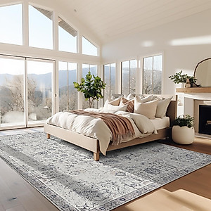 jinchan Area Rug 6x9 Washable Rug Vintage Rug Indoor Thin Rug Gray Retro Accent Rug Distressed Carpet Grey Multi Floral Print Country Boho Rug Non Slip Kitchen Bedroom Living Room Dining Room Office