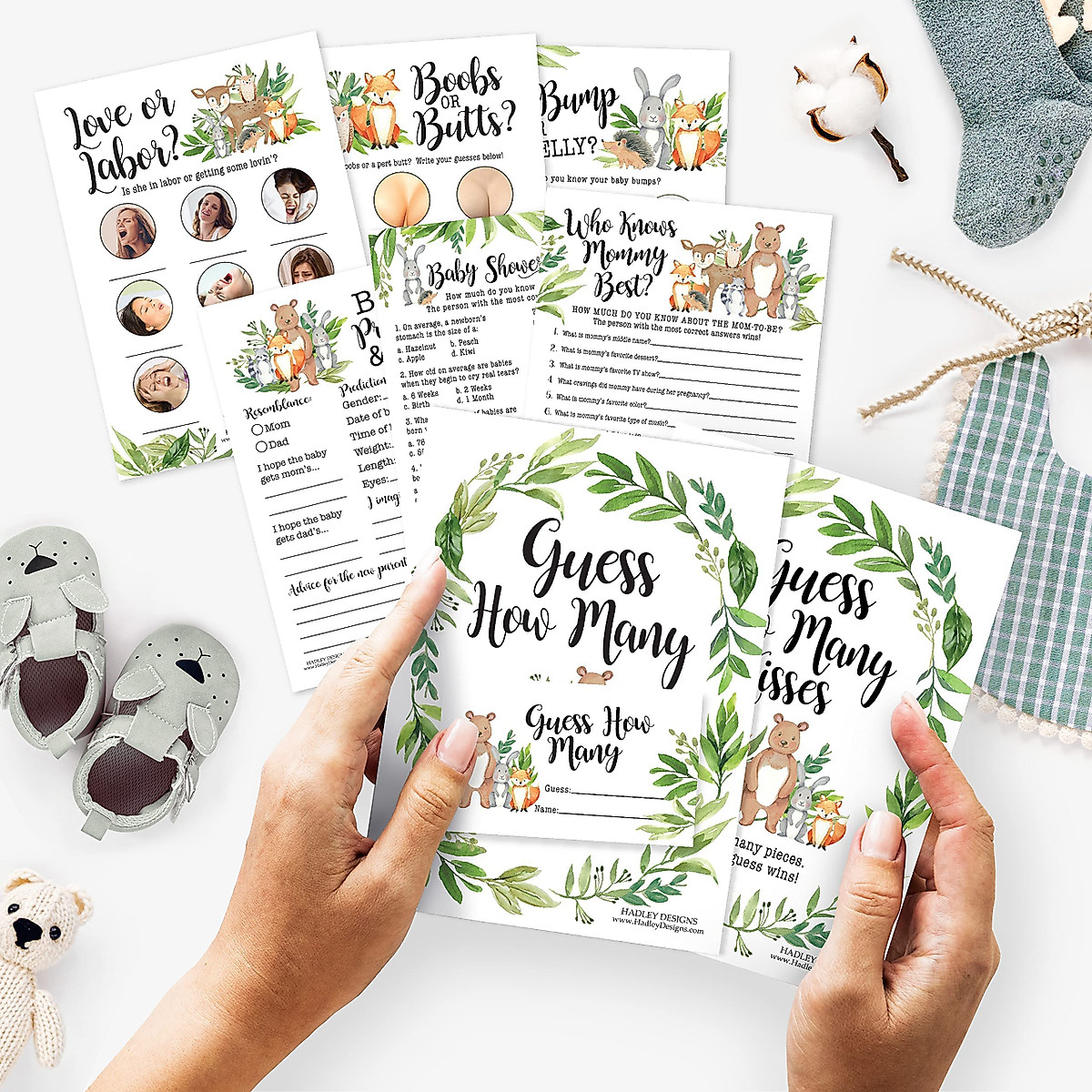 75 Woodland Who Knows Mommy Best, Baby Prediction and Advice Cards etc, 25 Guess How Many Cards - 8 Double Sided Cards Baby Shower Games Funny, How Many Kisses Game Baby Shower Decorations