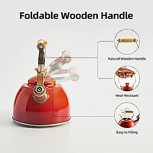 ROCKURWOK Whistling Tea Kettles, 1.6 QT/50 OZ, Small Tea Kettle, Universal Base for Induction, Gas, Electric, Halogen, Radiant, Wooden Handle for Cool Touch,Gradient Red